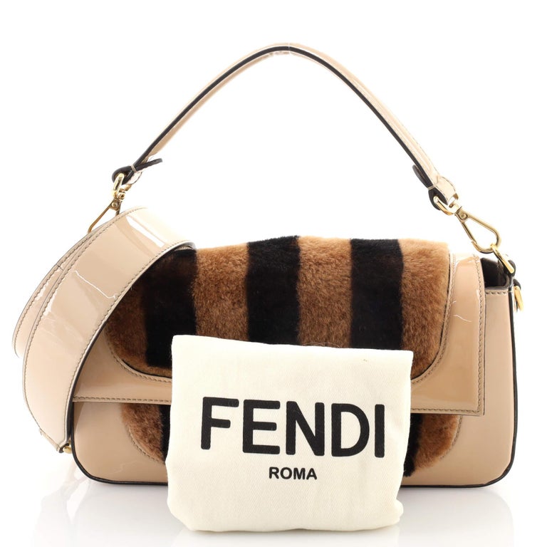 Fendi Be Baguette Bag Pequin Shearling with Patent Mini For Sale at 1stDibs