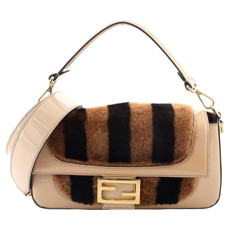 Fendi Be Baguette Bag Pequin Shearling with Patent Mini For Sale at 1stDibs
