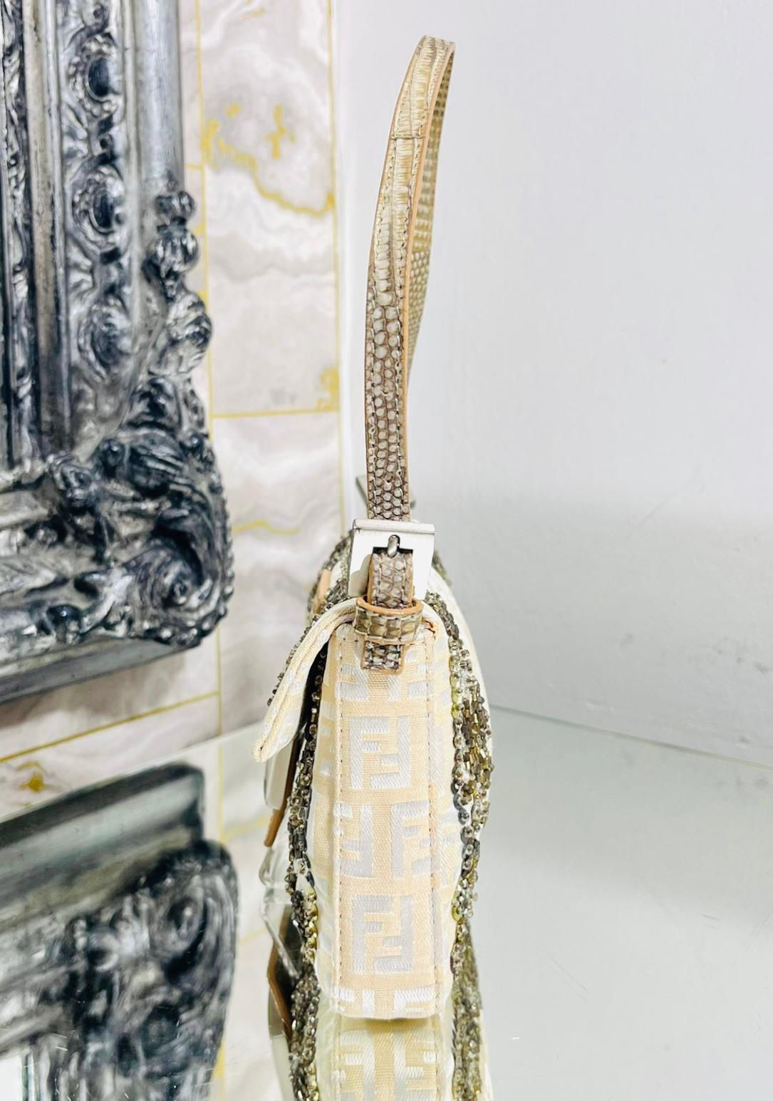 Fendi Bead Embroidered Canvas and Snakeskin 'FF' Logo Baguette Bag For ...