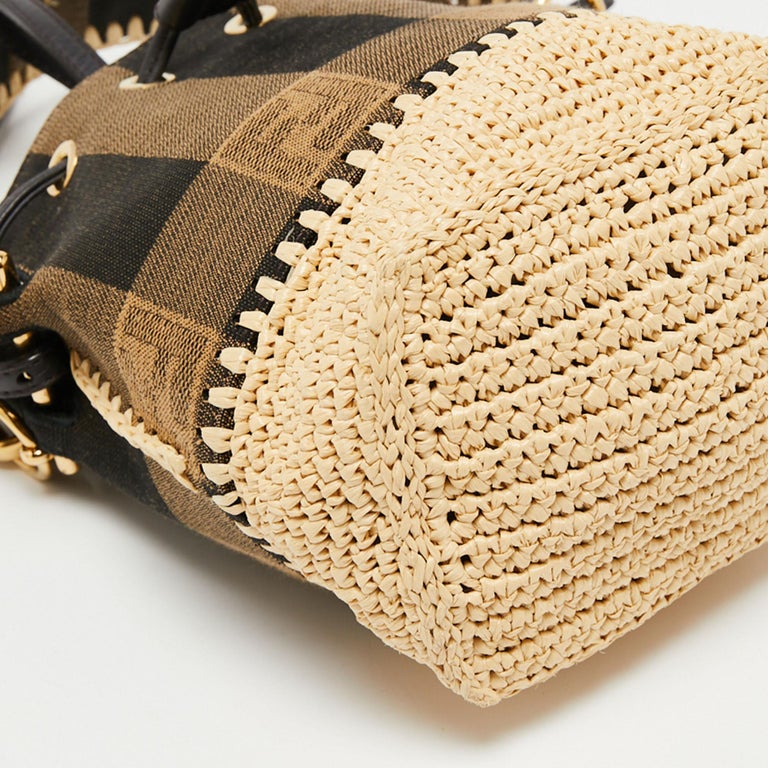 Fendi Beige/Black Pequin Raffia Canvas FF Mini Mon Tresor Drawstring ...
