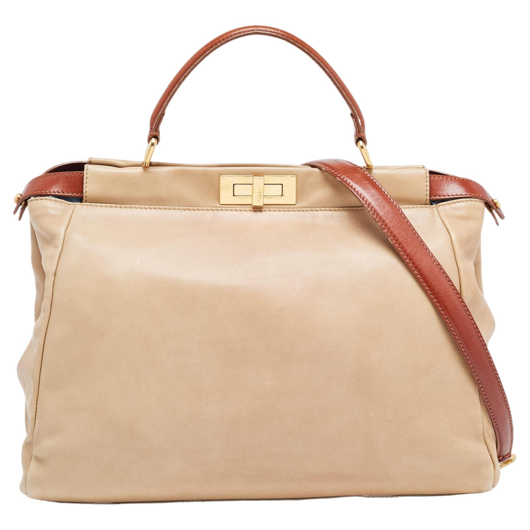 Fendi Beige/Brown Leather Large Peekaboo Top Handle Bag at 1stDibs