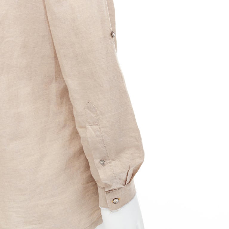 FENDI beige linen cotton raw frayed half button long sleeve shirt EU40 ...