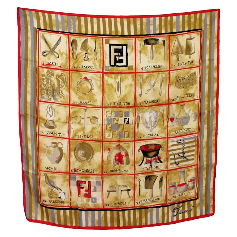 Fendi Beige Red Silk Large Theme Craft Scarf 1990s at 1stDibs