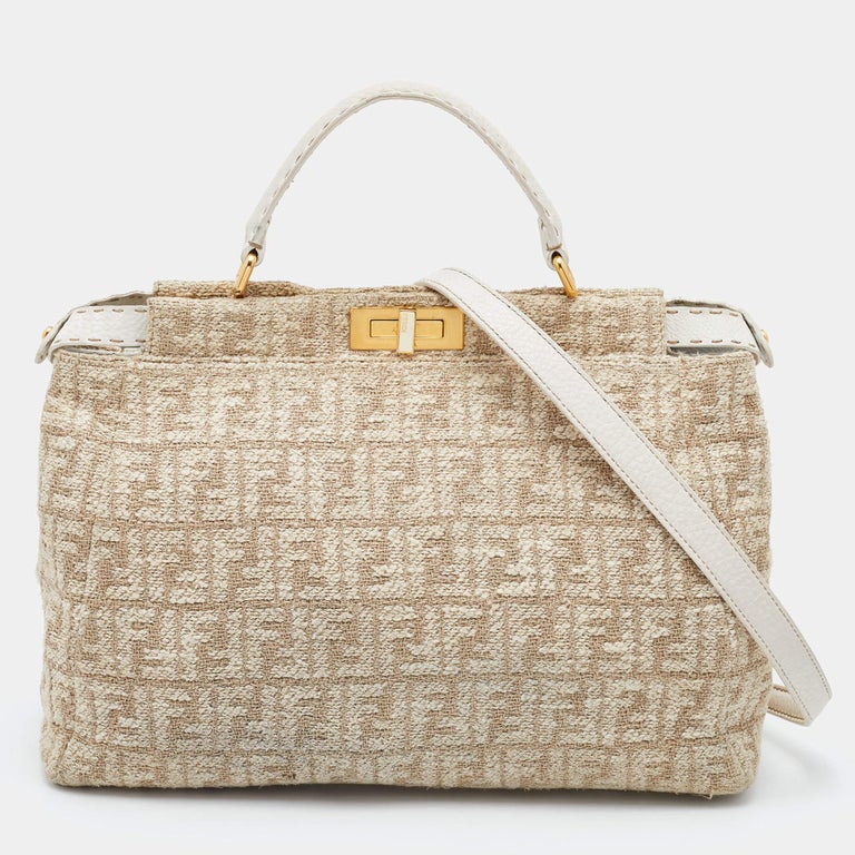 Fendi Beige/White Zucca Fabric and Leather Top Handle Bag For Sale at ...