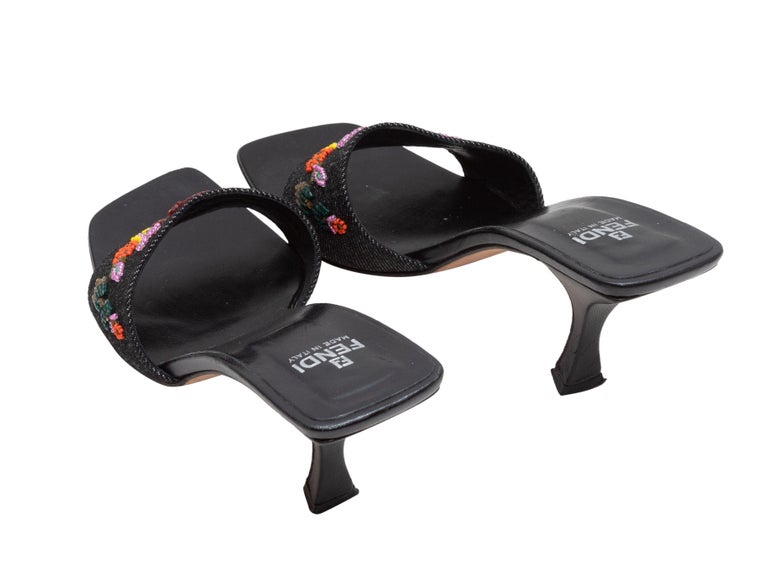Fendi Black Bead-Embellished Denim Heeled Slides For Sale at 1stDibs