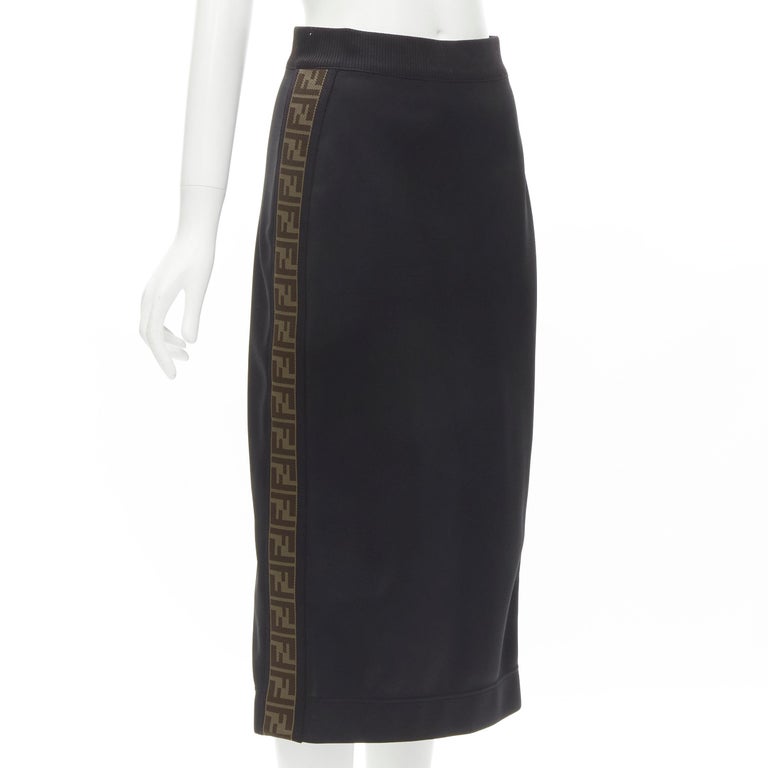 FENDI black brown FF Zucca monogram trim knee length skirt IT42 M For ...