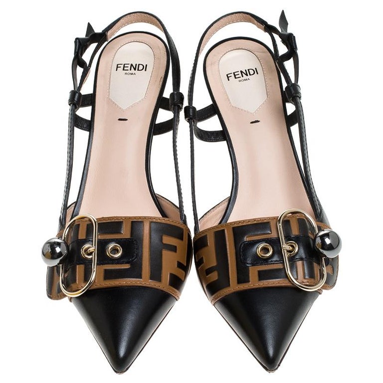 Fendi Black/Brown Leather Buckle Strap Logo Slingback Pointed Pumps ...
