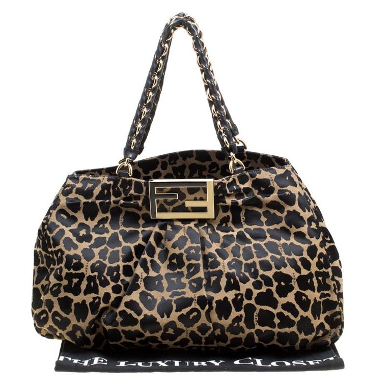 Fendi Black/Brown Leopard Print Canvas Large Mia Tote For Sale at 1stDibs