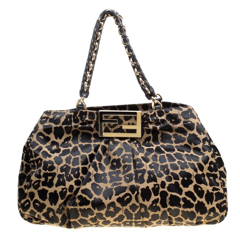 Fendi Black/Brown Leopard Print Canvas Large Mia Tote For Sale at 1stDibs