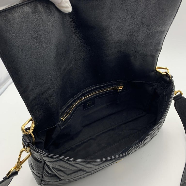 Fendi Black Embossed FF Logo Leather Baguette XL Shoulder Bag For Sale ...