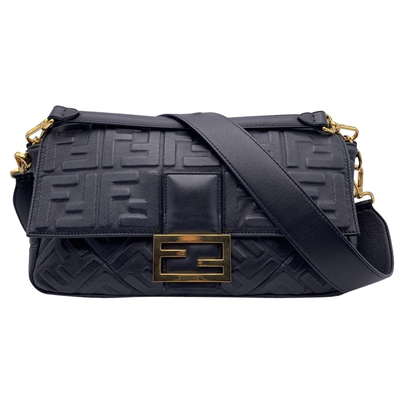 Fendi Black Embossed FF Logo Leather Baguette XL Shoulder Bag For Sale at 1stDibs