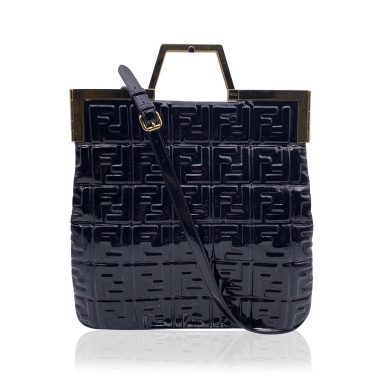 Fendi Black Embossed FF Logos Patent Leather Tote Bag Handbag For Sale ...