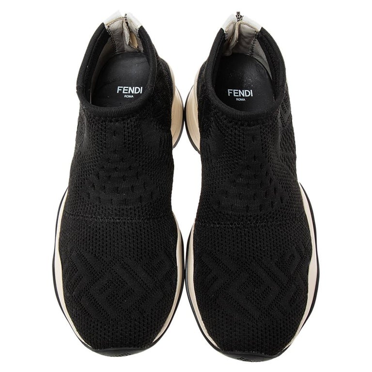 Fendi Black FF Logo Knit Fabric High Top Sneakers Size 38 at 1stDibs