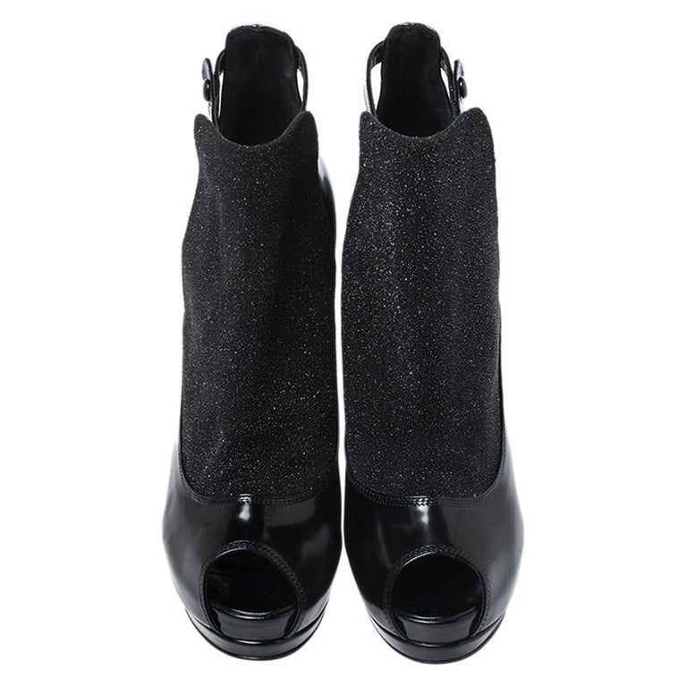 Fendi Black Glitter Suede and Leather Peep Toe Platform Booties Size 38 ...