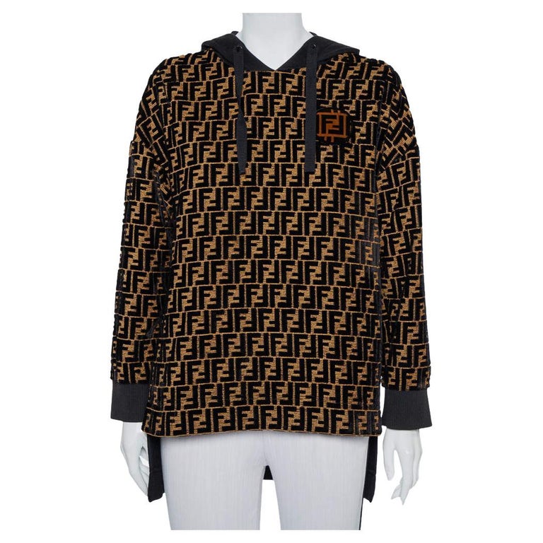 Fendi Black and Gold Velour Logo Monogram Detail Hooded Sweatshirt S ...