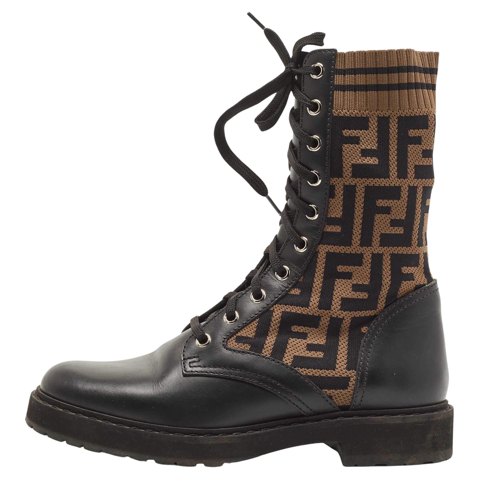 Fendi Black Leather And FF Motif Fabric Rockoko Combat Boots Size 36 ...