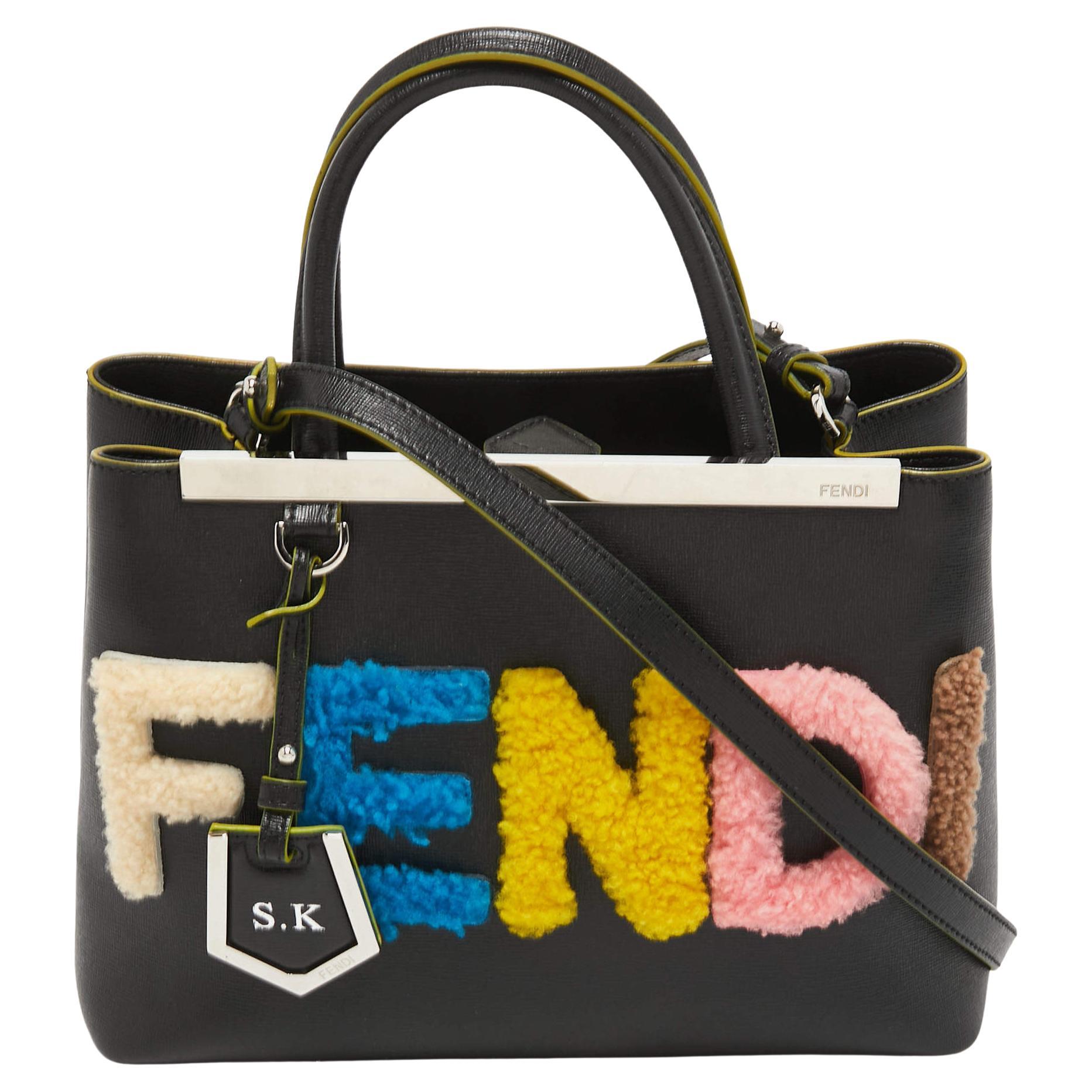 Fendi Black Leather and Shearling Logo Petite Sac 2jours Tote For Sale ...