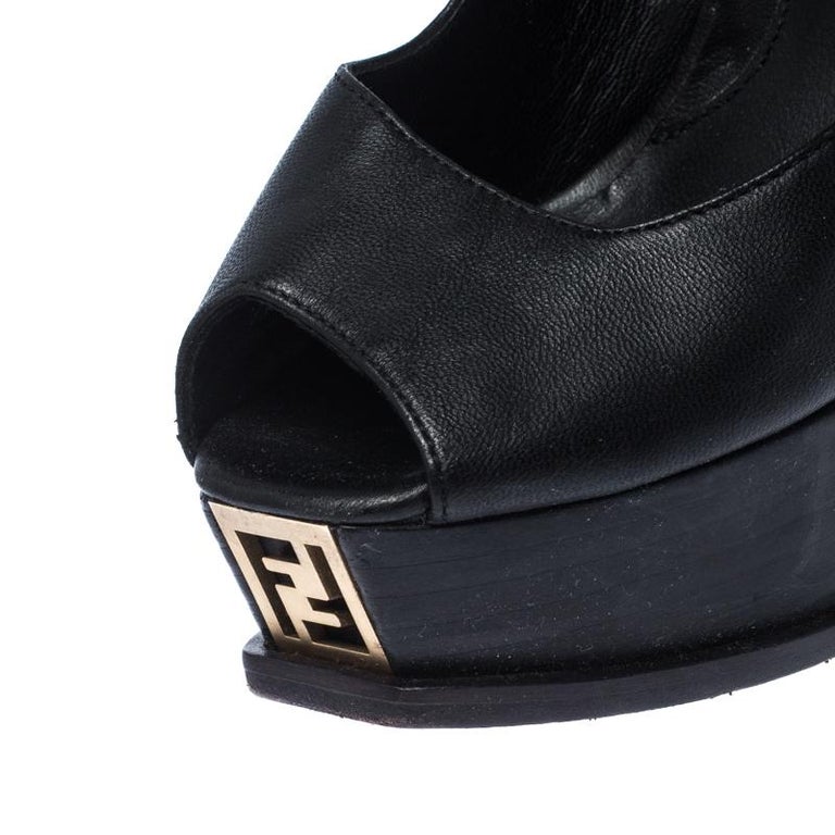 Fendi Black Leather Ankle Warp Peep Toe Pumps Size 36.5 For Sale at 1stDibs