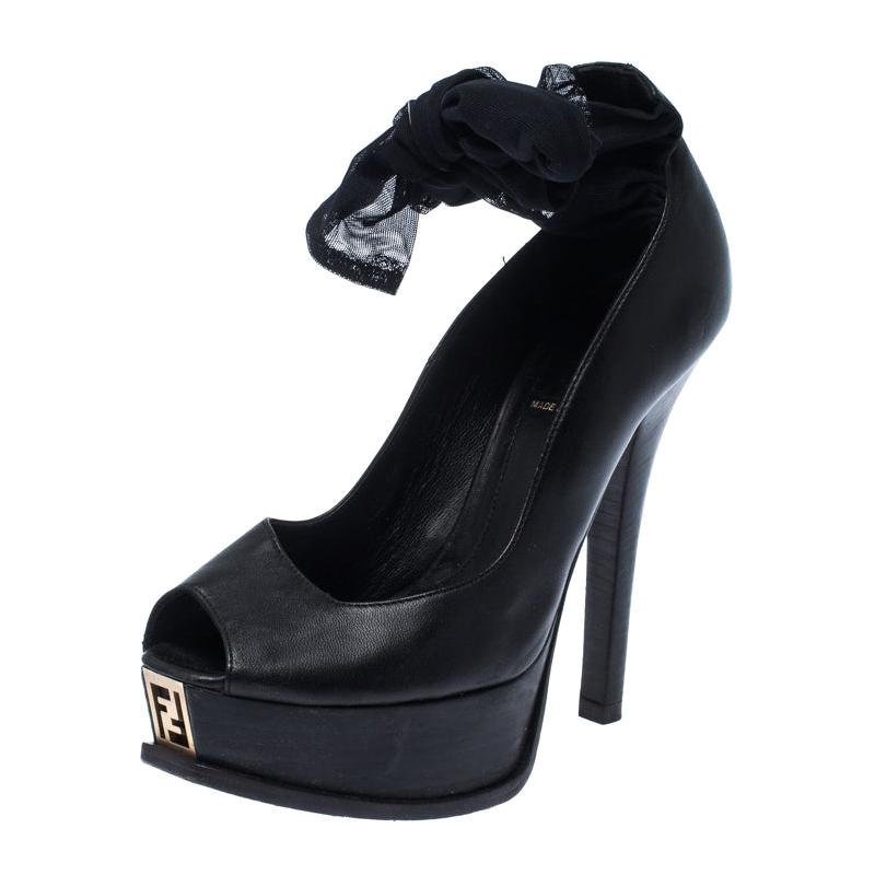 Fendi Black Leather Ankle Warp Peep Toe Pumps Size 36.5 For Sale at 1stdibs