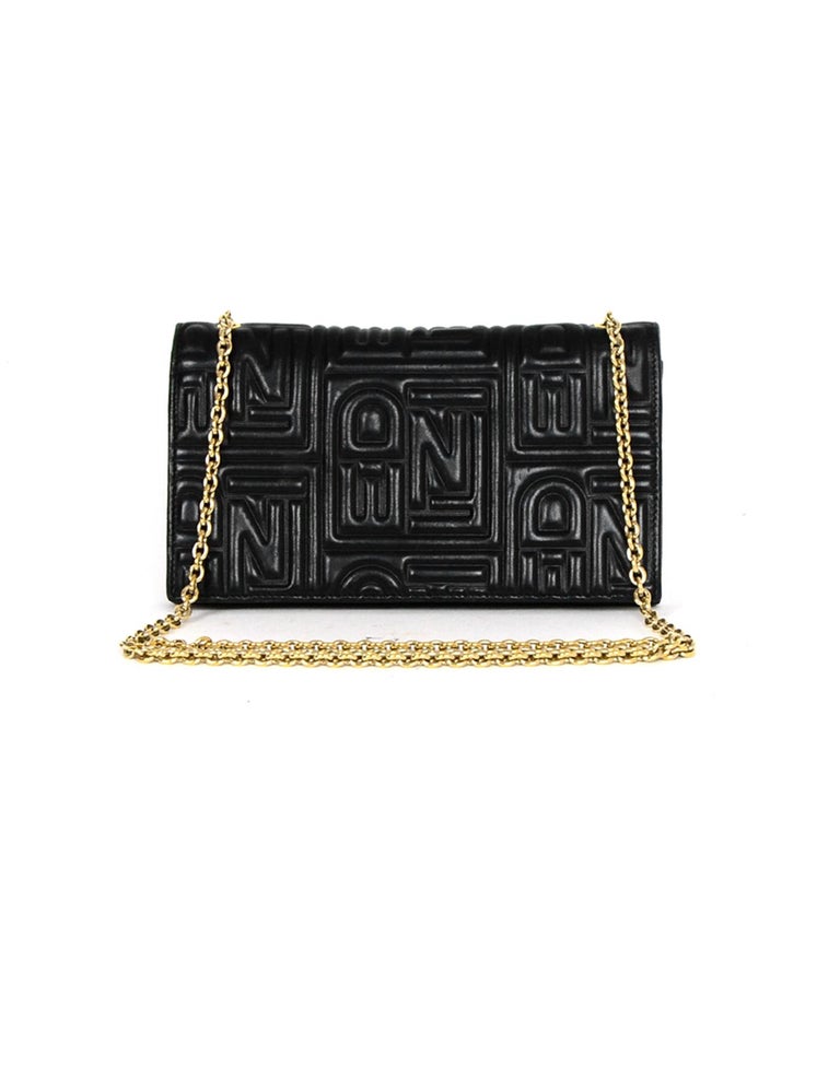 Fendi Black Leather Embossed Monogram Wallet on a Chain Crossbody Bag ...