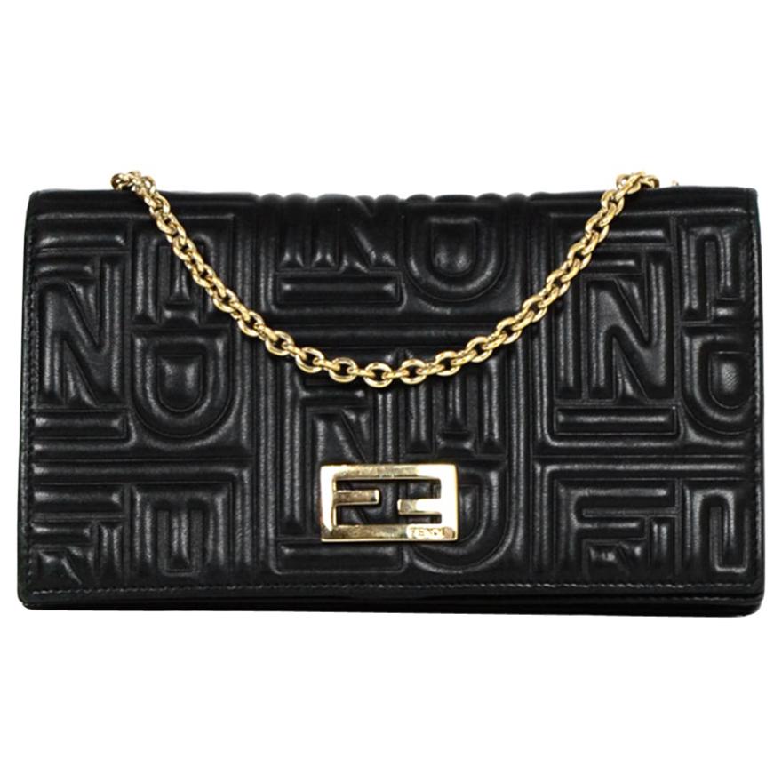 Fendi Black Leather Embossed Monogram Wallet on a Chain Crossbody Bag ...