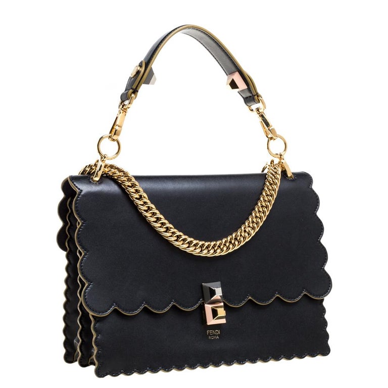 Fendi Black Leather Kan I Scalloped Shoulder Bag at 1stDibs