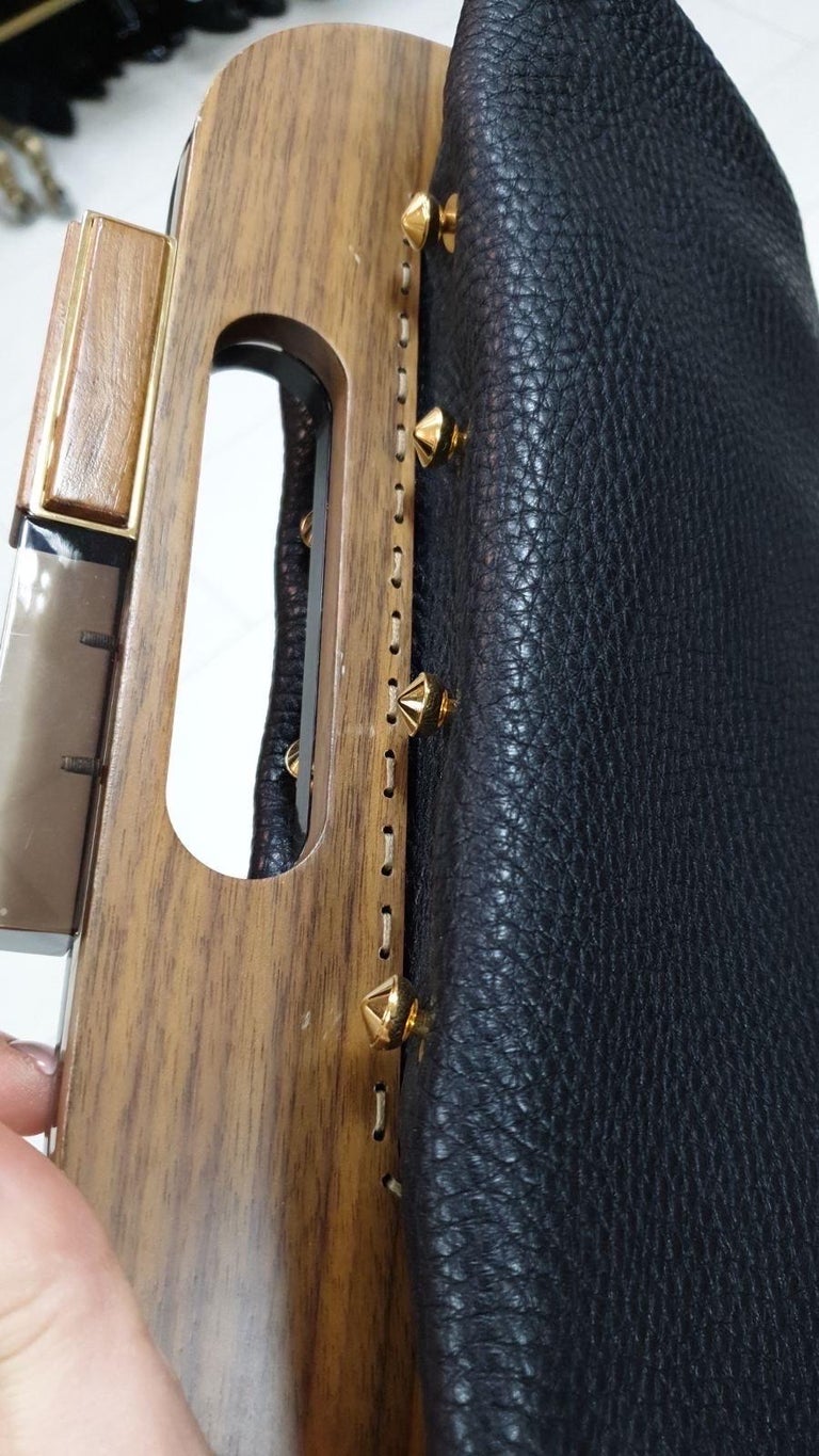 Fendi Black Leather Walnut Wood Handle Clutch Bag For Sale at 1stDibs