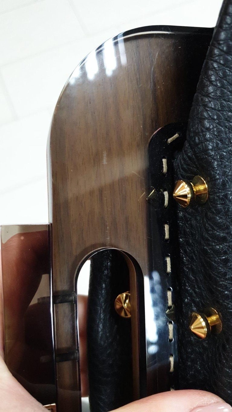 Fendi Black Leather Walnut Wood Handle Clutch Bag For Sale at 1stDibs