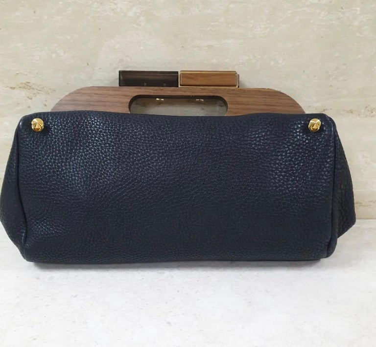Fendi Black Leather Walnut Wood Handle Clutch Bag For Sale at 1stDibs