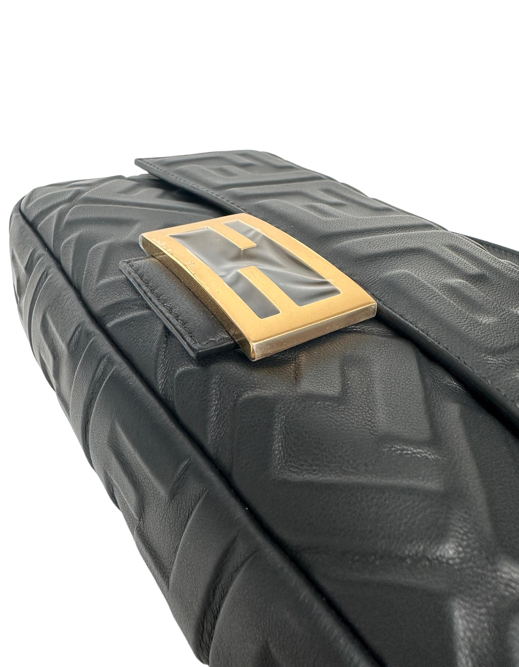 Fendi Black Nappa Embossed Logo FF 1974 Medium Baguette NM Bag w/ Two Straps For Sale at 1stDibs