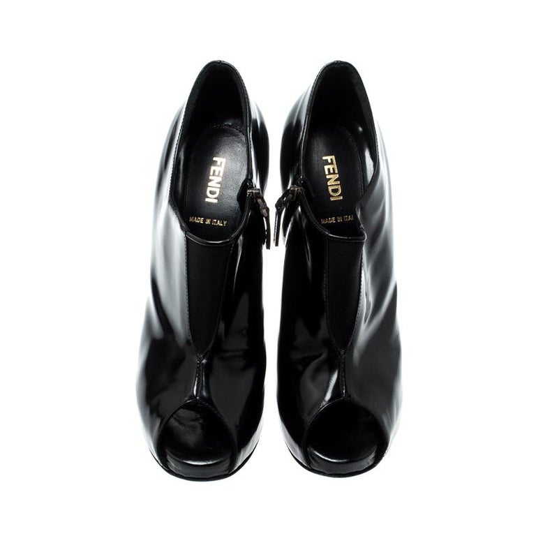 Fendi Black Patent Leather Peep Toe Platform Ankle Booties Size 37 For ...