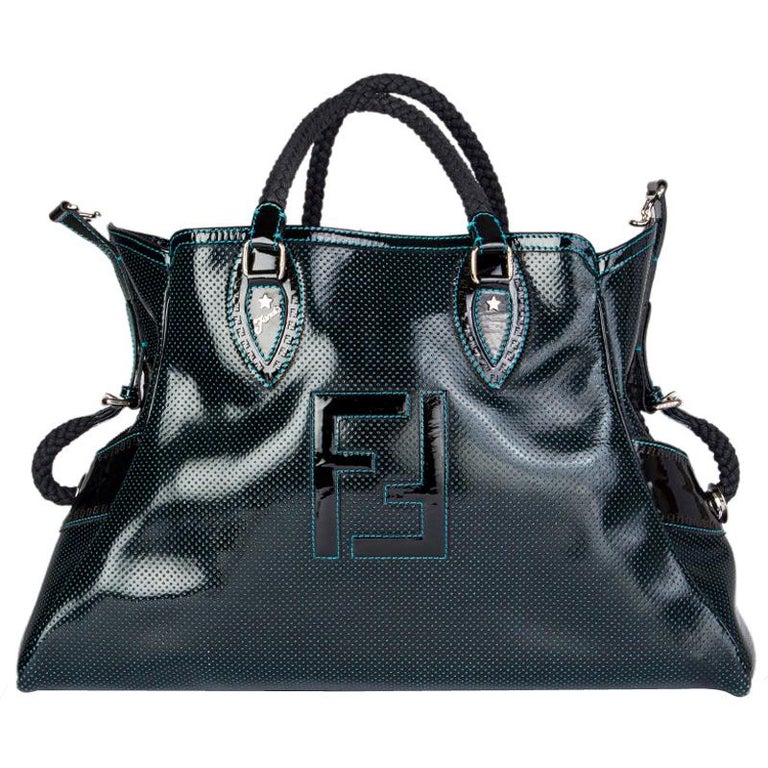 FENDI black patent leather PERFORATE DU JOUR LARGE Shoulder Bag at 1stDibs