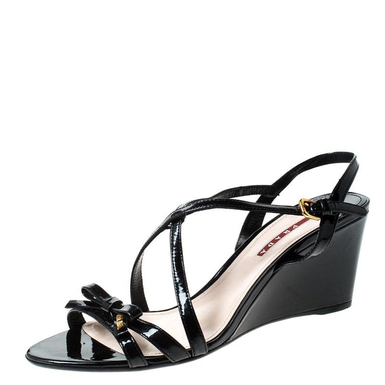 Fendi Black Patent Leather Strappy Open Toe Wedge Sandals Size 41 For ...