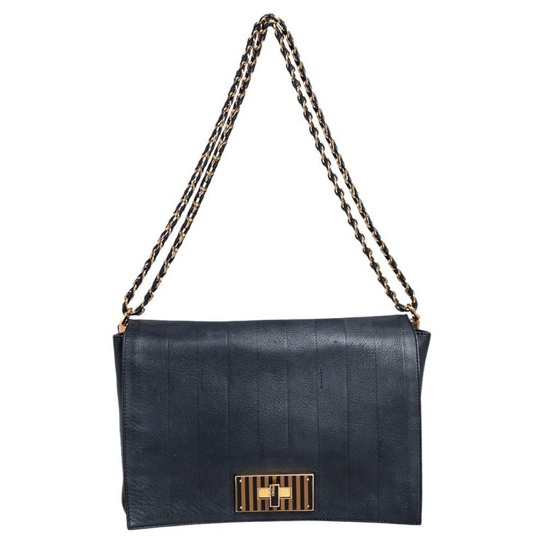 Fendi Black Pequin Stripe Leather Large Claudia Handbag at 1stDibs