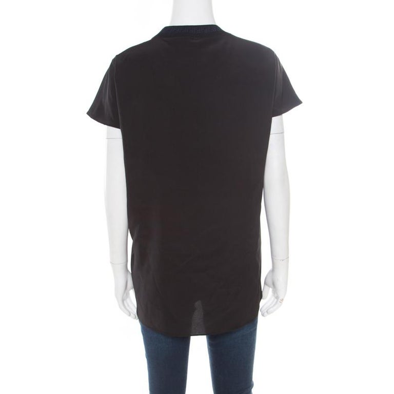 Fendi Black Silk Ribbed Logo Neck Trim Detail Top S For Sale at 1stDibs