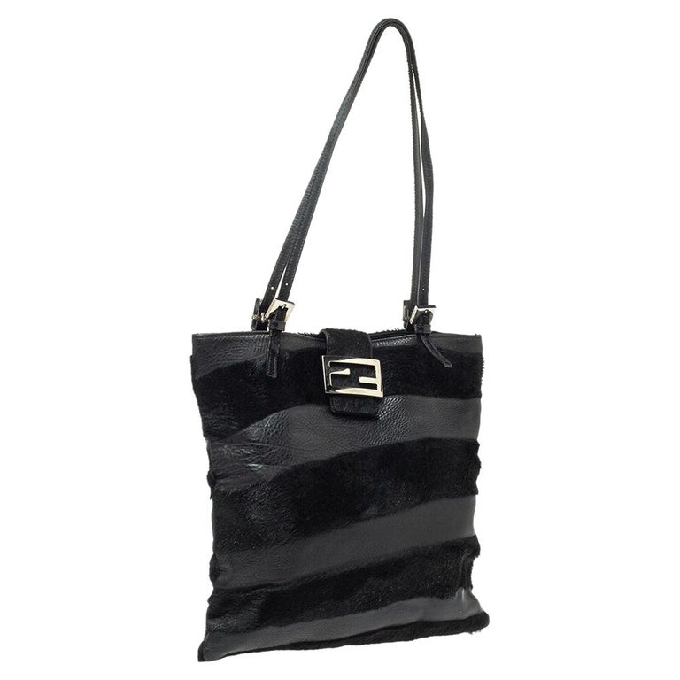 Fendi Black Stripe Leather and Calfhair FF Flap Tote For Sale at 1stDibs