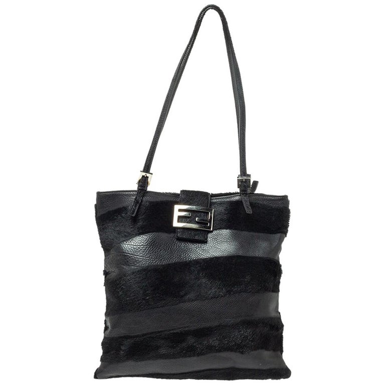 Fendi Black Stripe Leather and Calfhair FF Flap Tote For Sale at 1stDibs