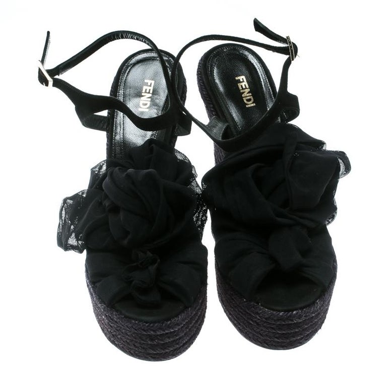 Fendi Black Tulle Fabric and Suede Wedge Espadrille Tie Up Sandals Size ...