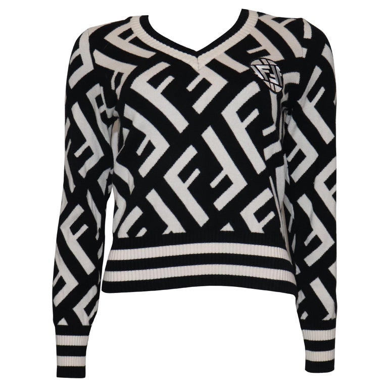 Fendi Black and White 'F' Pattern V-Neck Sweater at 1stDibs