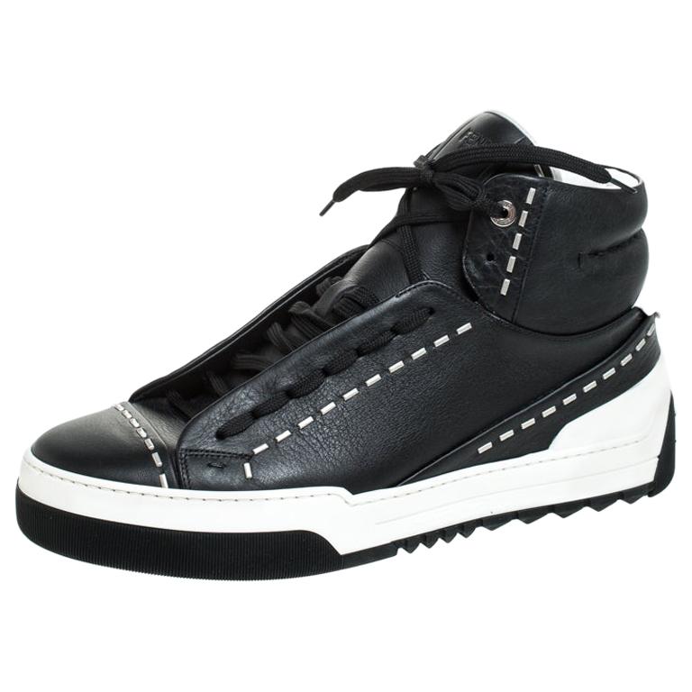 Fendi Black/White Leather Lace Up High Top Sneakers Size 43 at 1stDibs