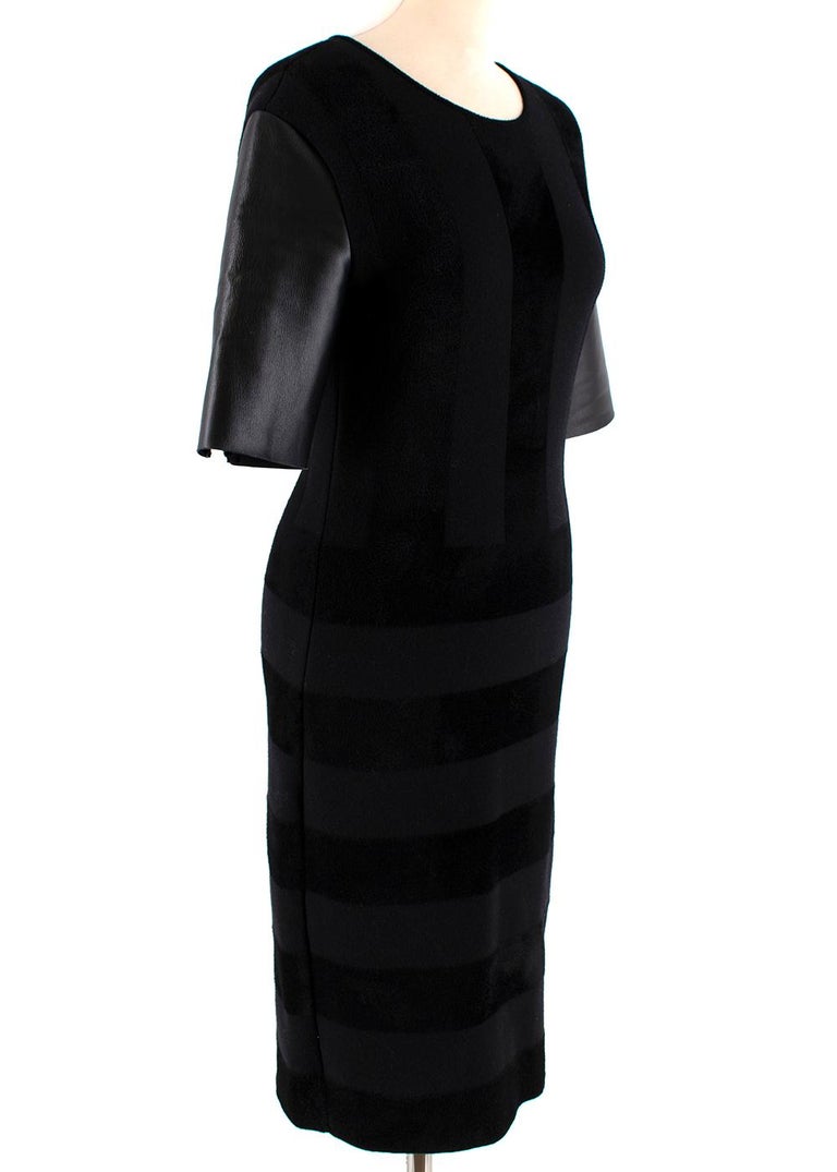 Fendi Black Wool Blend Striped Dress with Leather Sleeves - Size US 4 ...