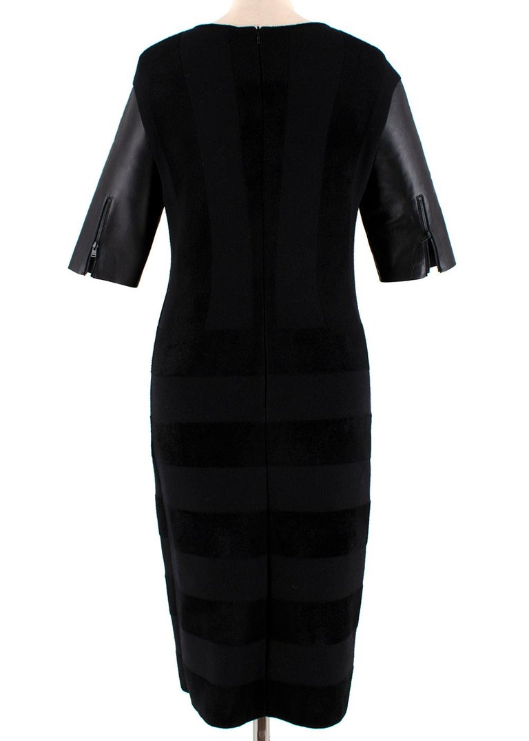 Fendi Black Wool Blend Striped Dress with Leather Sleeves - Size US 4 ...