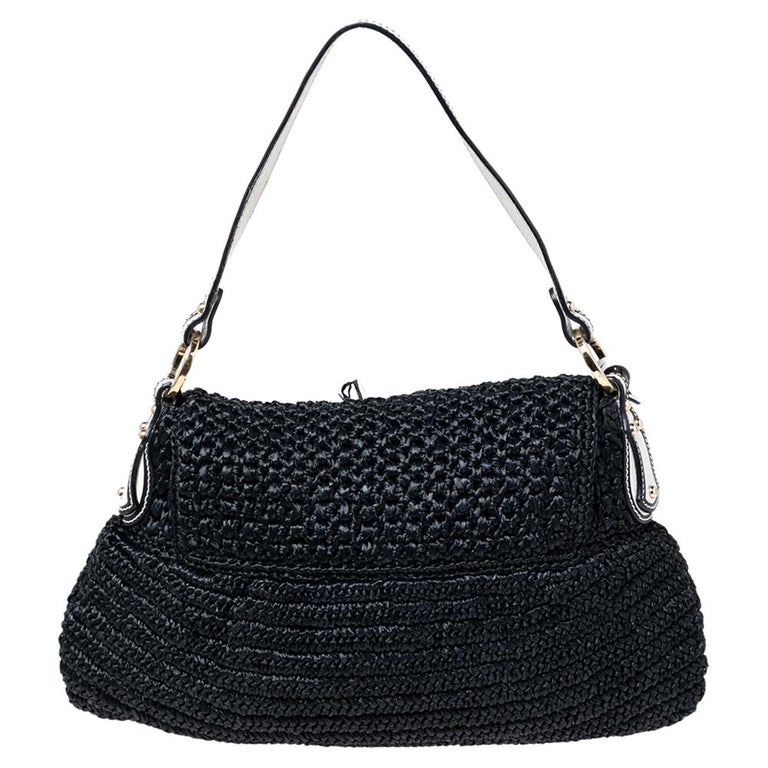 Fendi Black Woven Straw Flap Shoulder Bag at 1stDibs