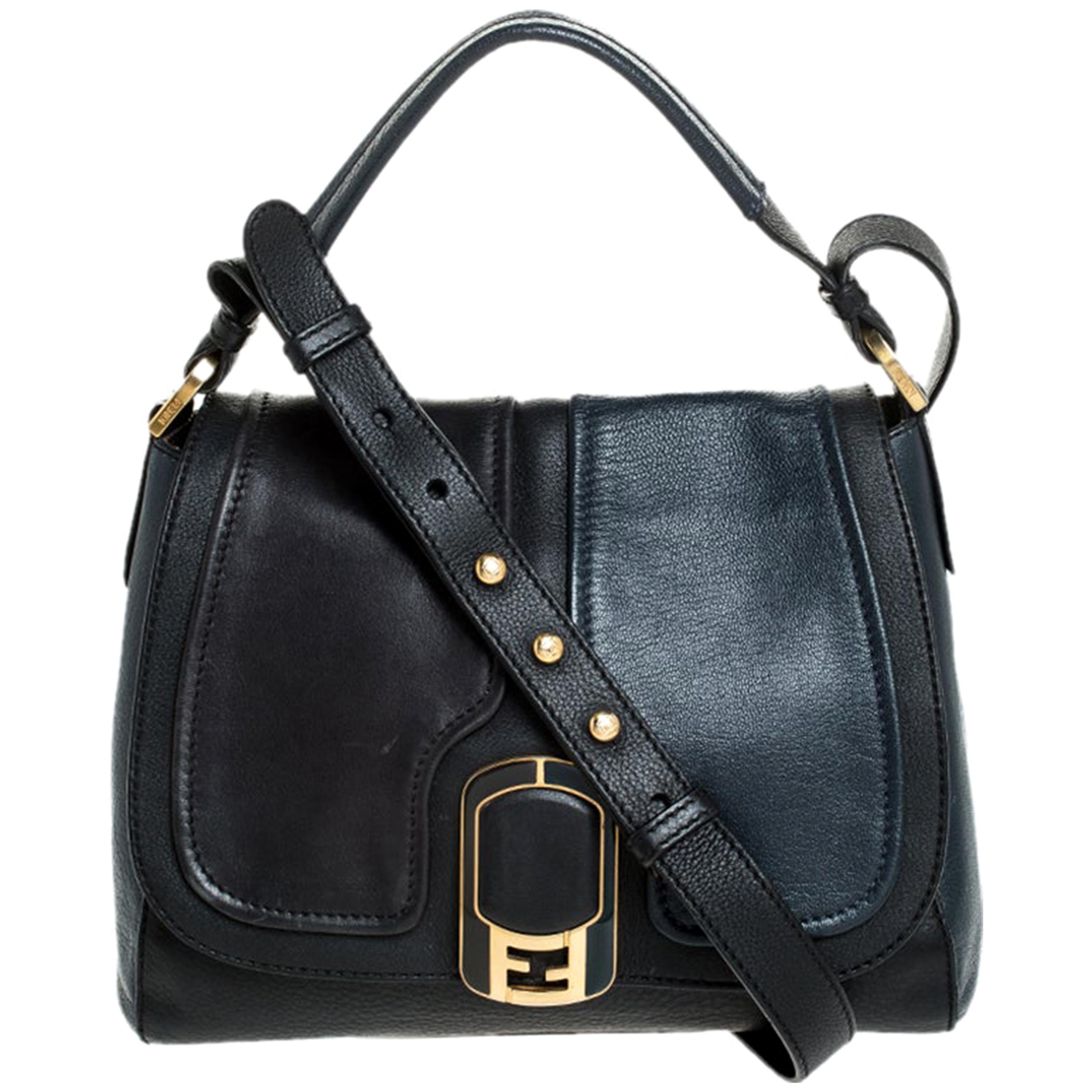 Fendi Blue/Black Leather Silvana Top Handle Bag at 1stDibs