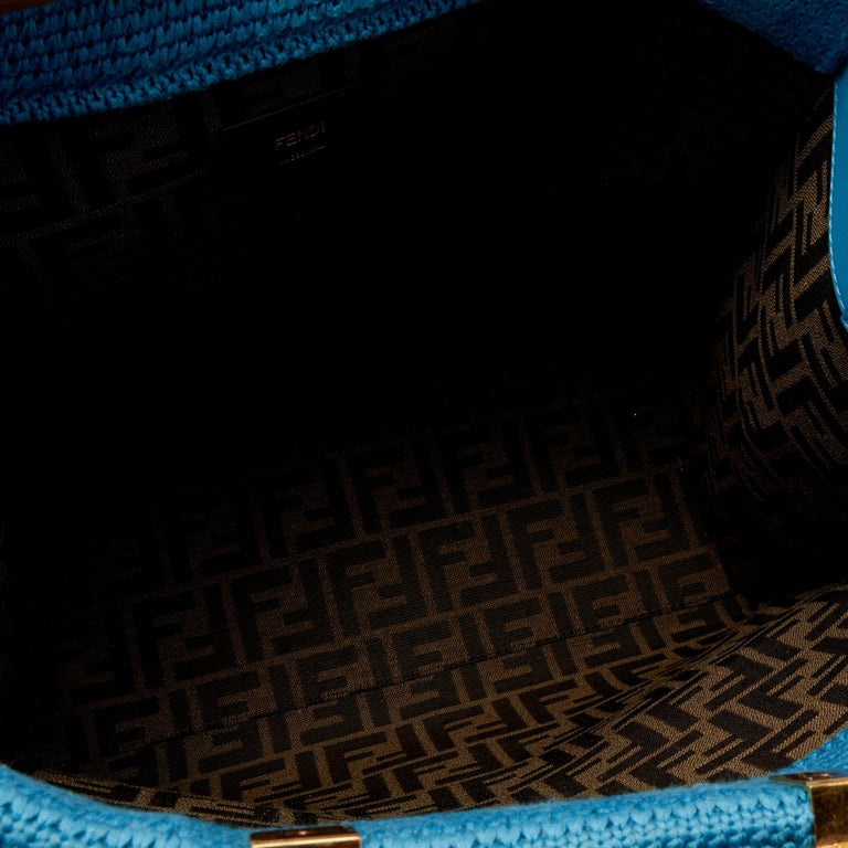 Fendi Blue/Brown Cotton Crochet Sunshine Tote For Sale at 1stDibs