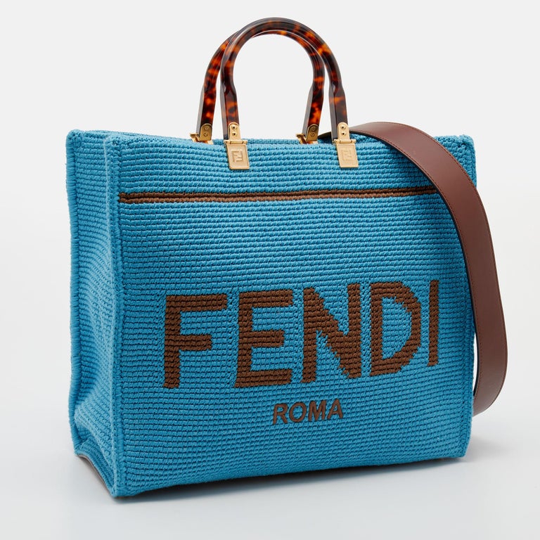 Fendi Blue/Brown Cotton Crochet Sunshine Tote For Sale at 1stDibs