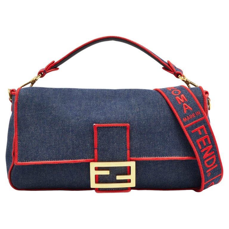 Fendi Blue/Red Denim Large Baguette Shoulder Bag For Sale at 1stDibs