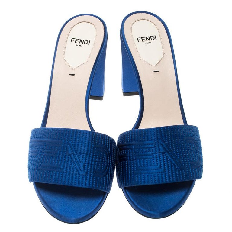 Fendi Blue Satin Logo Embroidered Block Heel Slide Mules Size 39.5 For ...
