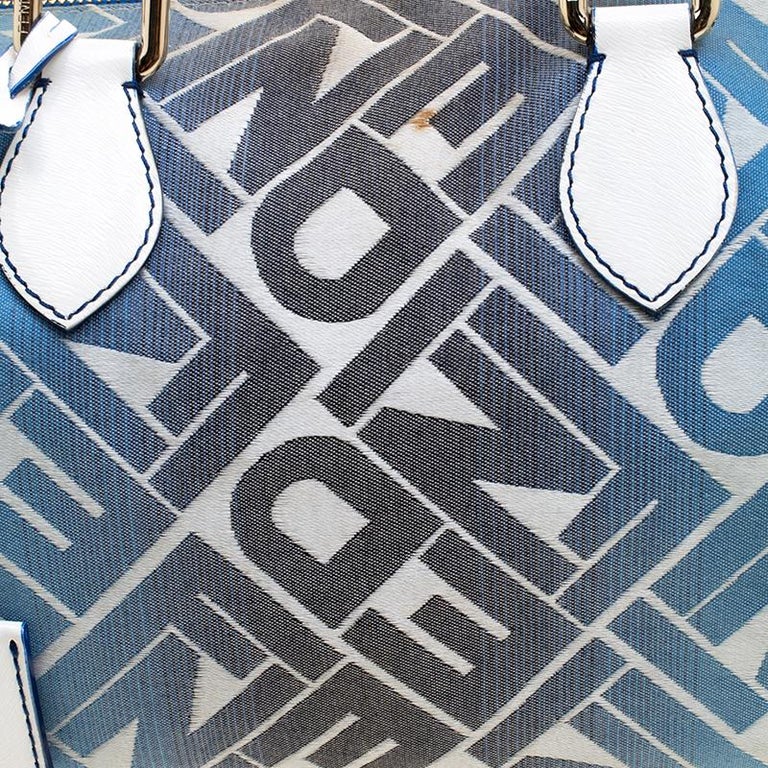 Fendi Blue /White Logo Print Canvas Boston Bag For Sale at 1stDibs