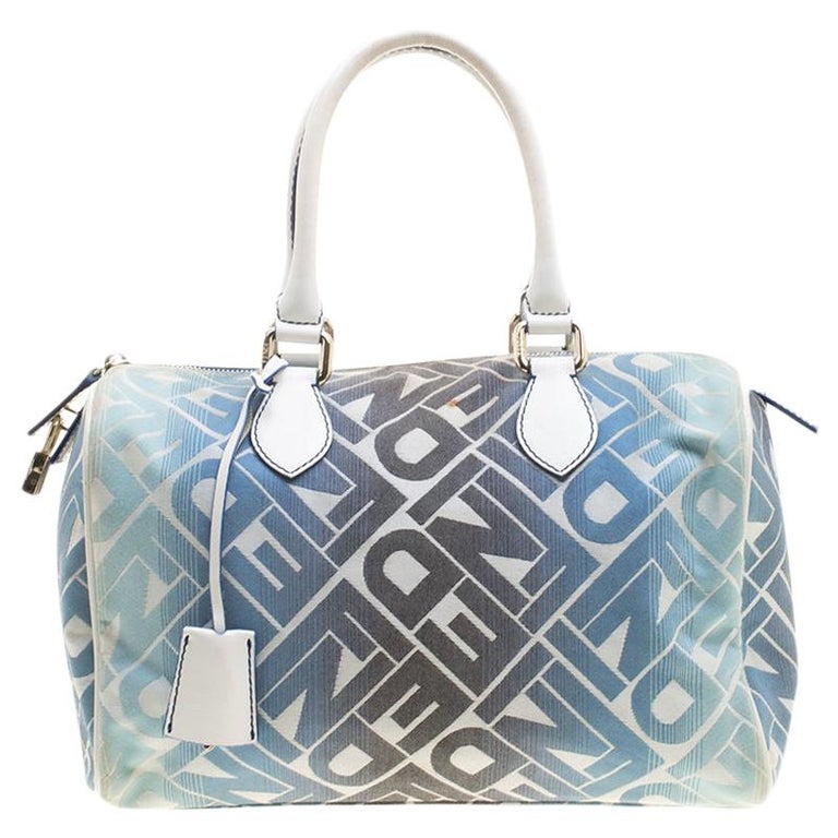 Fendi Blue /White Logo Print Canvas Boston Bag For Sale at 1stDibs